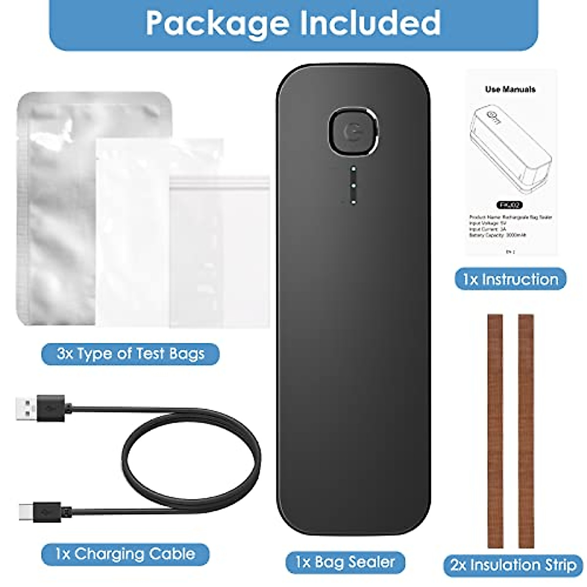 ODSD Bag Sealer Rechargeable, 3.9 inch Heating Length Mini Bag Resealer Portable Vacuum Sealer Machine Kitchen Gadget & 3 Sealing Gear, One Press to Quick Heat Seal for Mylar Food Plastic Chip Bags