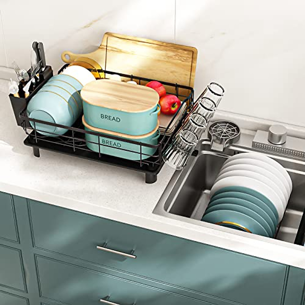 YGEOMER Large Dish Drying Rack, 2-Tier Dish Racks for Kitchen Counter, Detachable Dish Drainers with Utensil Holder, Kitchen Gadgets with Drainboard & Cup Holders, Black