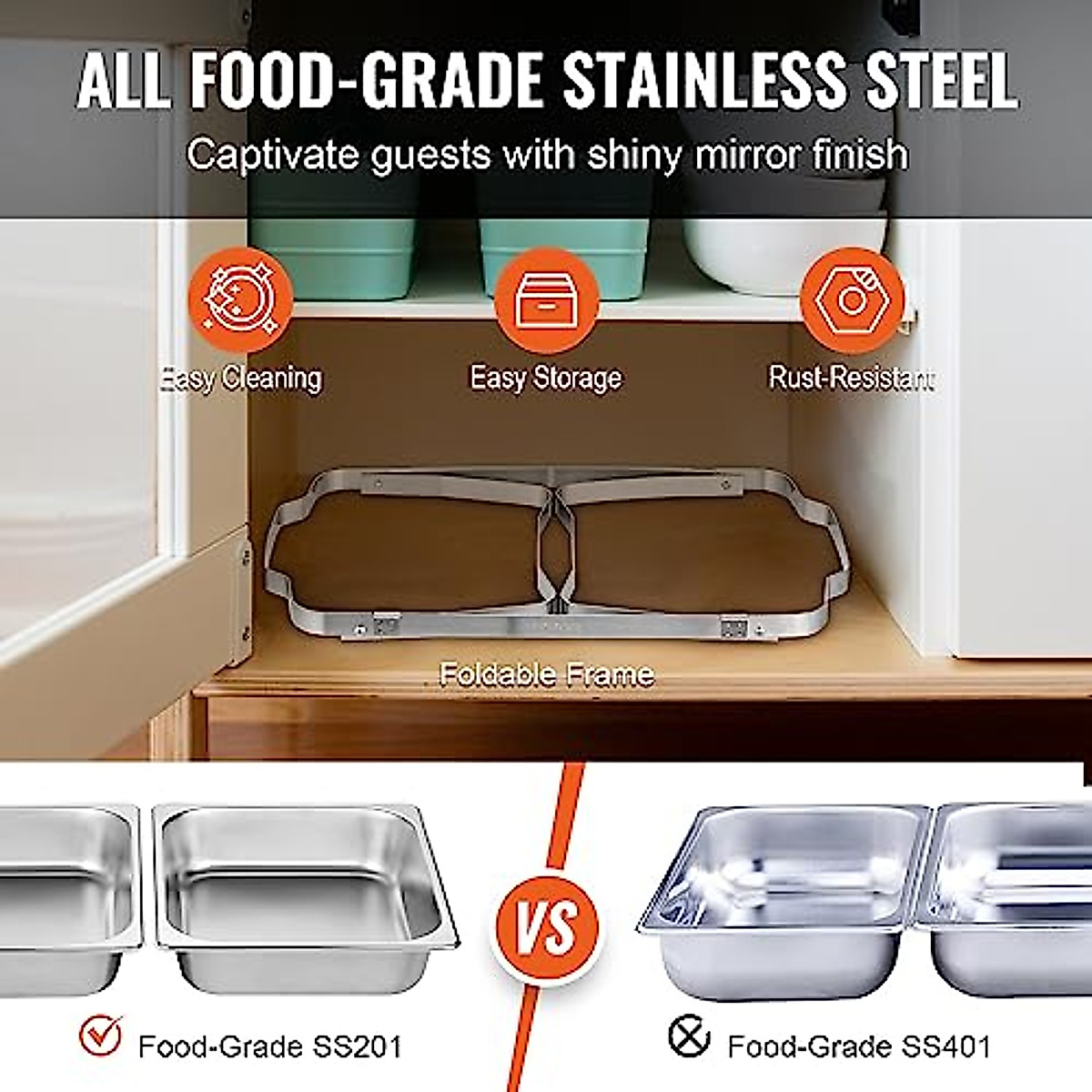 VEVOR Chafing Dish Buffet Set, 2 Pack 8 Qt, Stainless Chafer w/ 2 Full & 4 Half Size Pans, Rectangle Catering Warmer Server w/ Lid Water Pan Folding Stand Fuel Tray Holder Clip, at Least 8 People Each