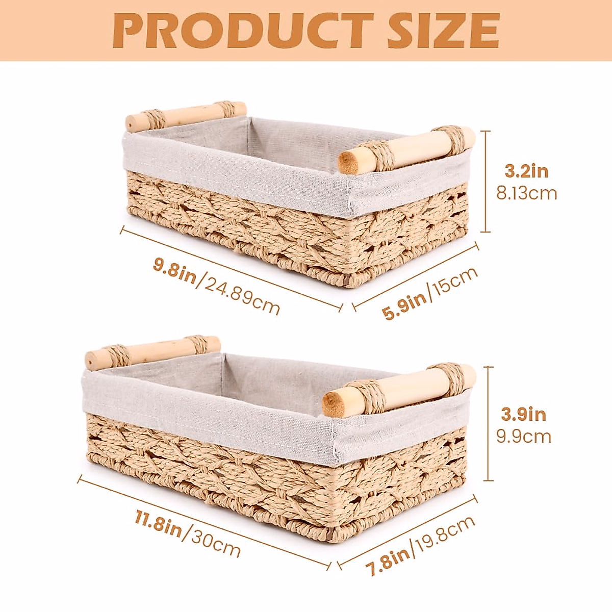 Small Baskets for Organizing,Decorative Water Hyacinth Wicker Storage Basket for Shelves,Toilet Paper Storage Baskets for Bathroom,Living Room,Entryway,Set of 2(Color:Wood)