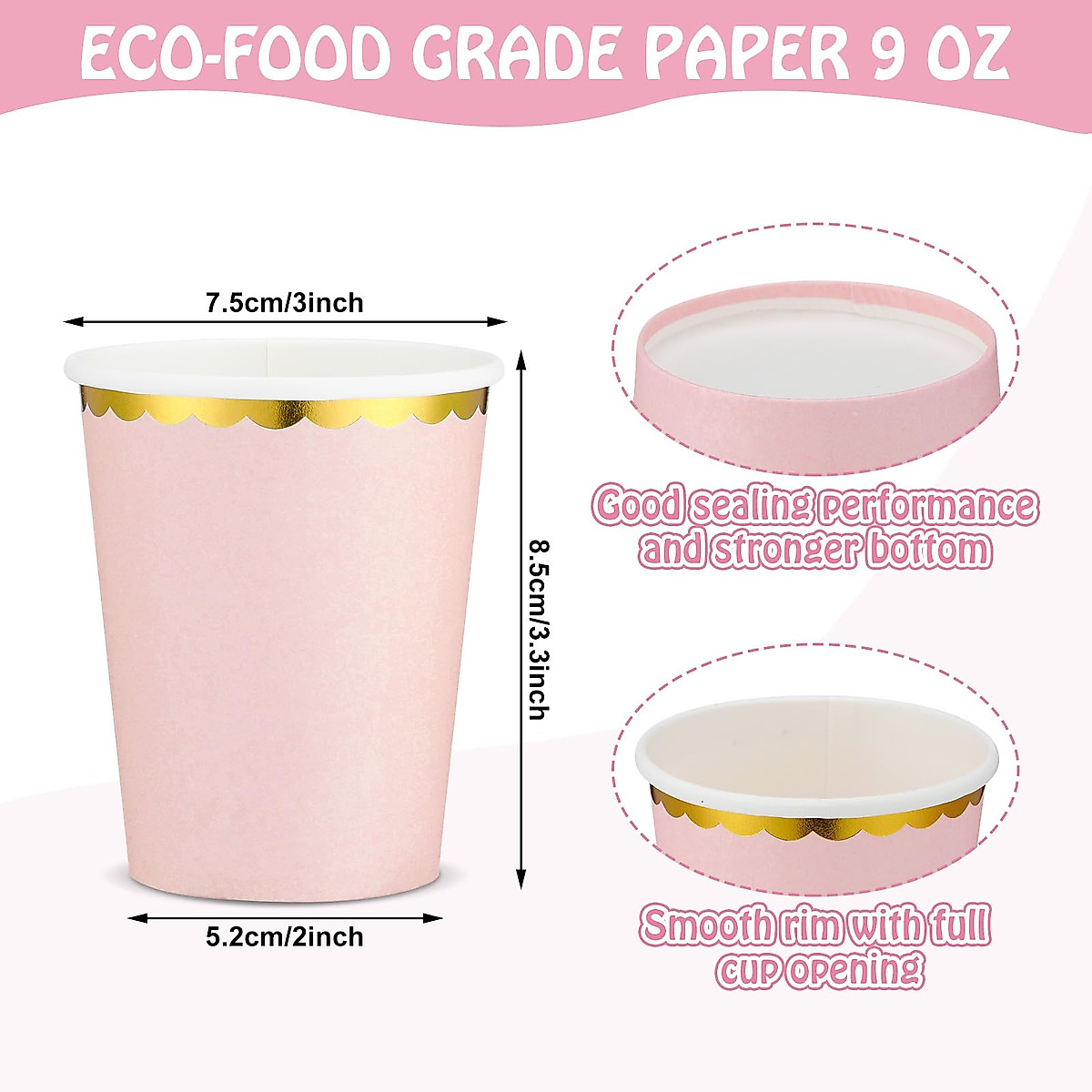 Uiifan 40 Pcs 9 oz Pastel Paper Cups with Metallic Gold Border Party Disposable Paper Colored Coffee Cup for Party Beverage Wedding Party Supplies, 4 Colors