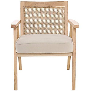 Small Accent Chair, Upholstered Mid Century Modern Accent Chair for Cane Back and Wood Legs, Living Room Chair Side Chair for Bedroom/Reading Room/Balcony/Patio, Beige