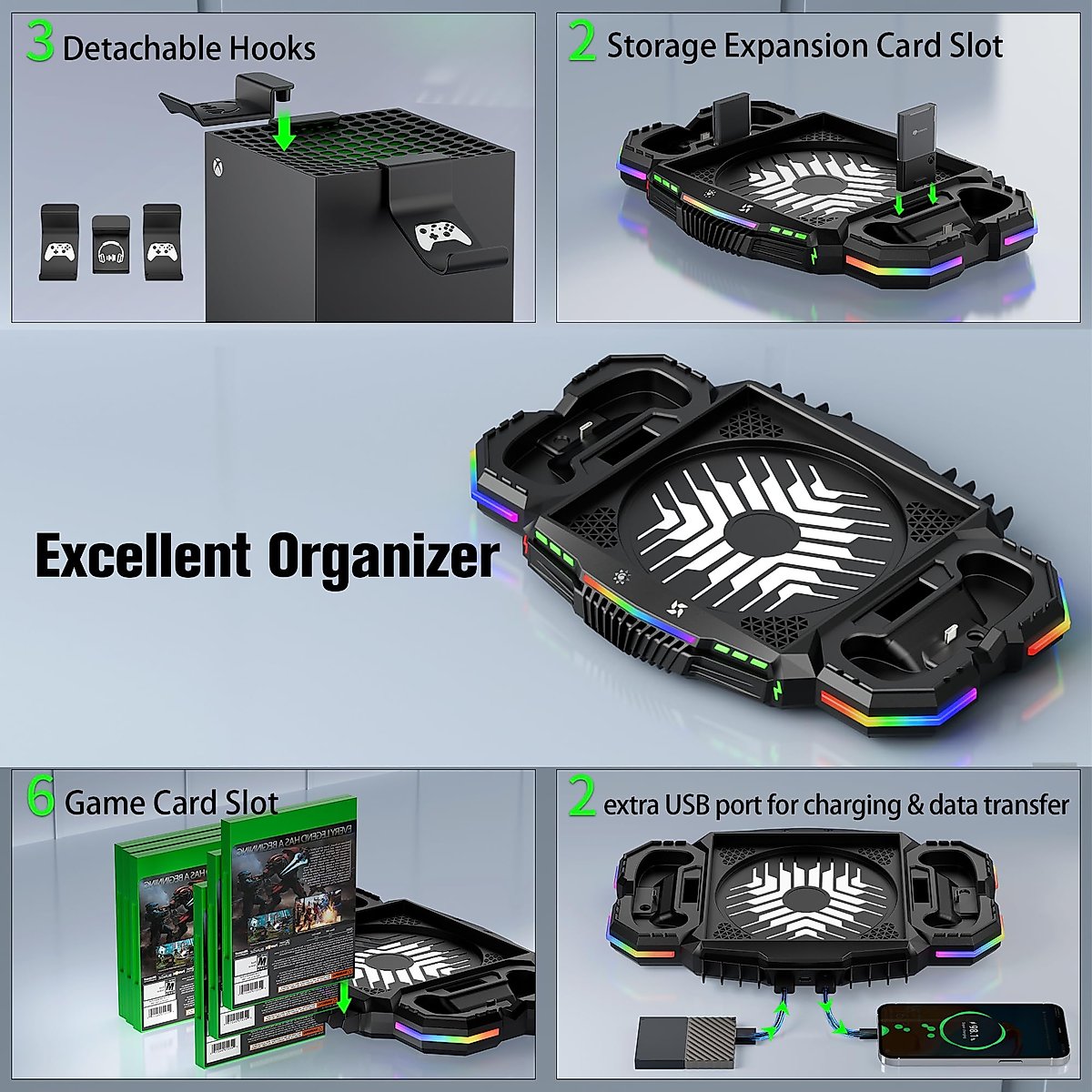 Cooling Fan Charging Stand for Xbox Series X Console and Controller - Vertical Cooler System & Charger Station with 15 RGB Light Modes, 2 Batteries and 3 Holders for Xbox Series X Accessories Storage