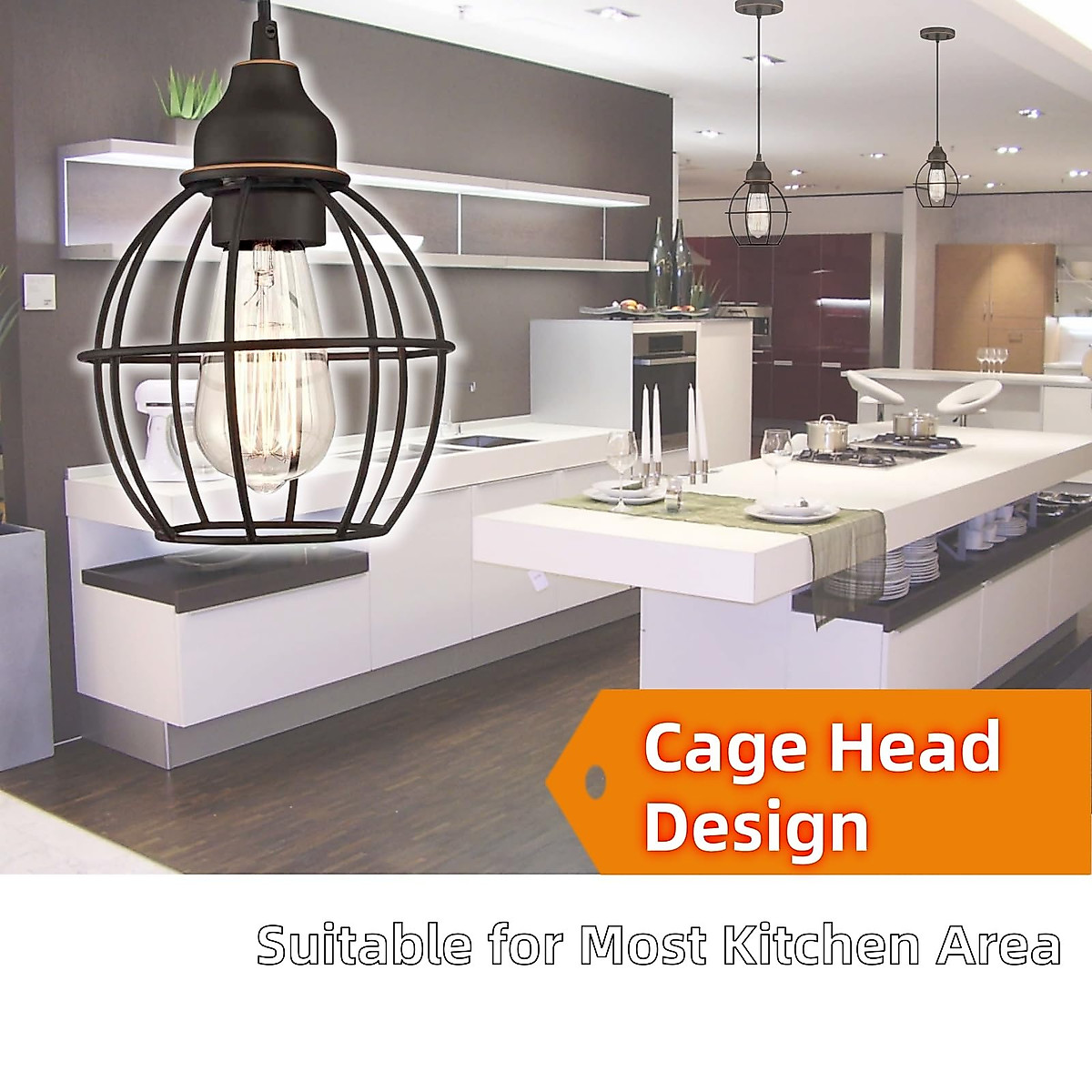 WISBEAM Dark Bronze Kitchen Island Pendant Lighting Fixture, Cage Hanging Pendant Lights with E26 Medium Base Max. 60 Watts, Bulbs not Included, 2-Pack