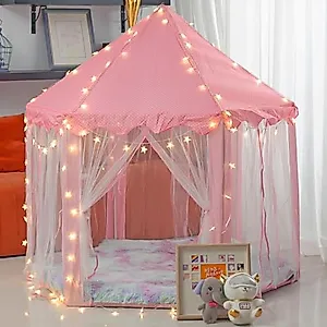 Princess Tent with Star Lights for Girls, Kids Tent Indoor or Outdoor Playhouse Toys, Pink Play Tent, 55" x 53" Castle Gifts for Kids Toddlers 3 4 5 6 7 8 9 10 Years Old