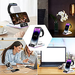 Wireless Charging Station, 3 in 1 Wireless Charger [With Alarm/Clock/Night Light]15W Wireless Charging Dock Stand for iPhone 14/13/12/11,Samsung Phones,Apple Watch Series & Airpods (with 30W Adapter)