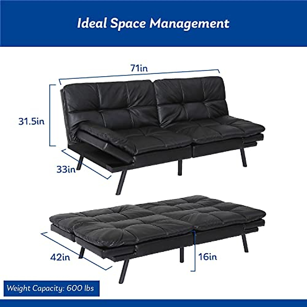 MLILY Modern Futon Sofa Bed, Convertible Sofa Loveseat with Adjustable Backrest and Armrest, Memory Foam Sleeper Couch Bed for Office, Living Room, Bedroom and Sitting Room, Black