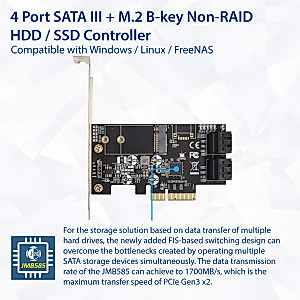IO Crest SI-PEX40138 Internal 4 Port Non-Raid SATA III 6GB/S with M.2 B-Key 22x42 Pci-E X4 Controller Card for Desktop PC Support SSD and HDD with Low Profile Bracket. JMB585 Chipset