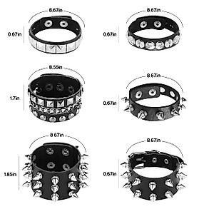 SAILIMUE 6 Pieces Punk Leather Bracelet for Men Women Rivet Cuff Bangle Bracelet Adjustable Black Leather Wristband with Metal Studded Halloween Goth Jewelry