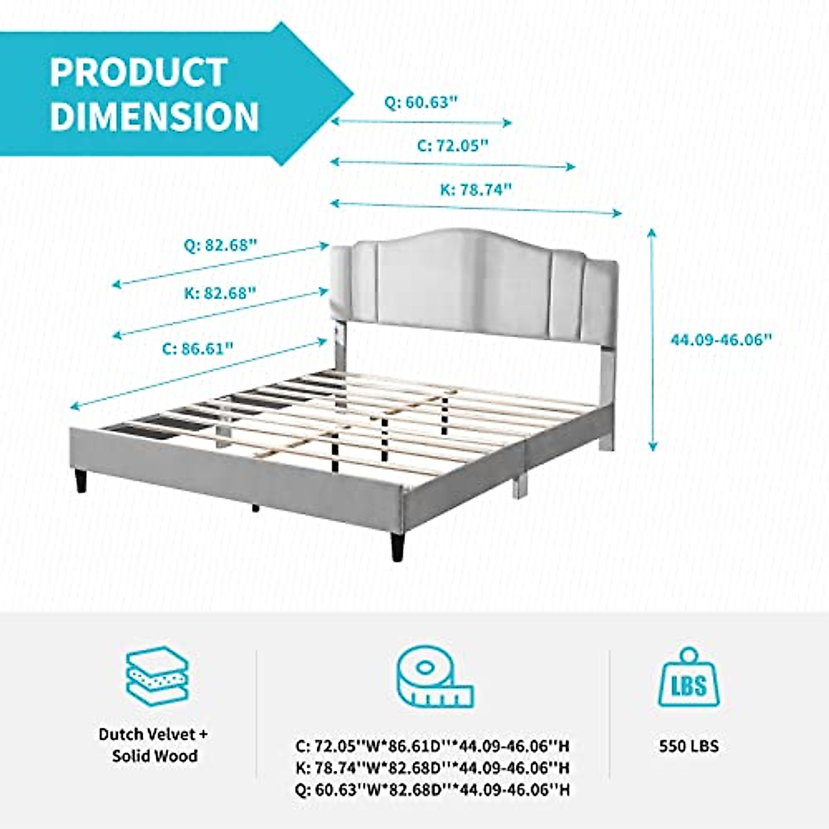CECER Adjustable Headboard California-King Size Platform Bed Frame | Upholstered Bedframe with Headboard Covered in Dutch Velvet | Solid Wood Slat Support | Easy Assemble-Light Grey