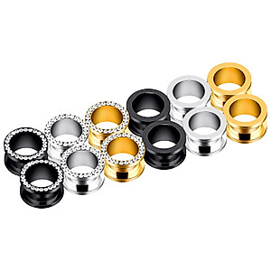 Qmcandy 12pcs Cubic Zirconia Double Flared Screw Plugs Tunnel Ear Expander Stretcher Piercing Ear Gauges 00g