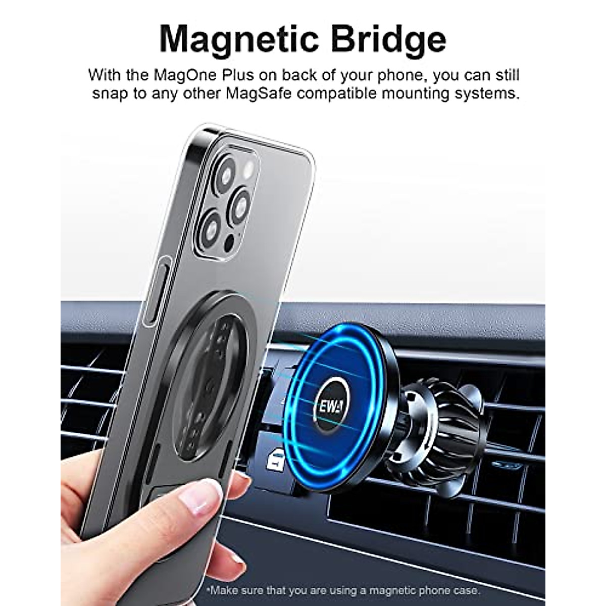 EWA The MagOne Plus Compatible with MagSafe Phone Grip Stand with Silicone Finger Strap, Removable Magnetic Holder Kickstand, Strong Magnets Stick to Metal, Only for iPhone 14, 13, 12 Pro/Max/Plus