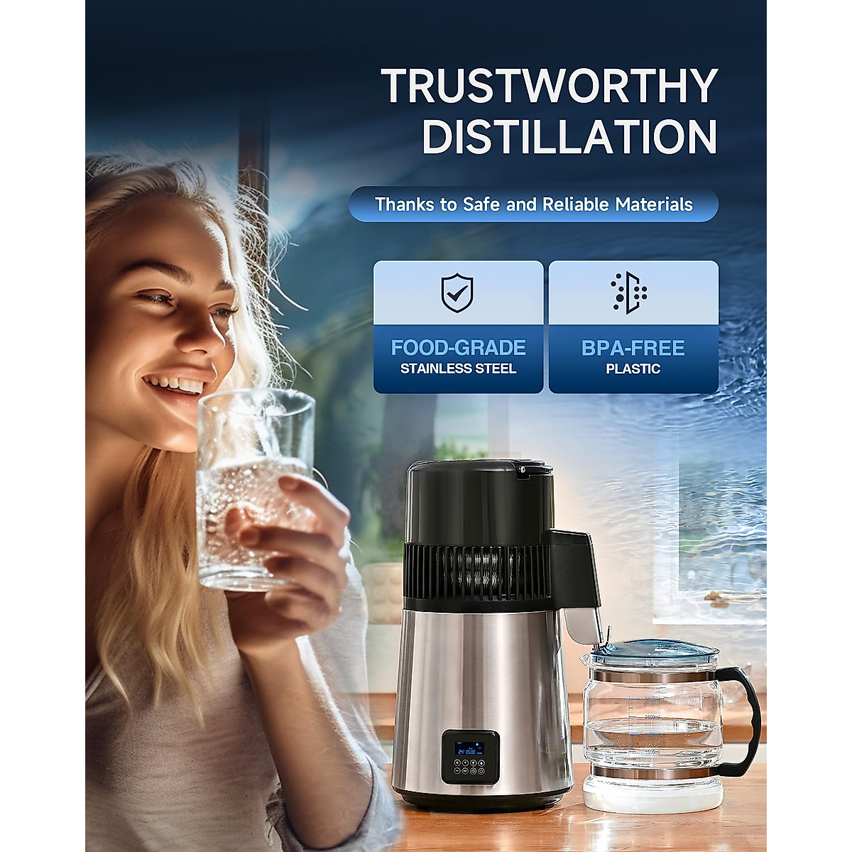 CO-Z Water Distiller for Home, 1350W 4L Distilled Water Machine for CPAP Machine with Control Panel & Glass Container, 1.1 Gal. Stainless Steel Water Distilling Equipment with Essential Oil Wine Modes