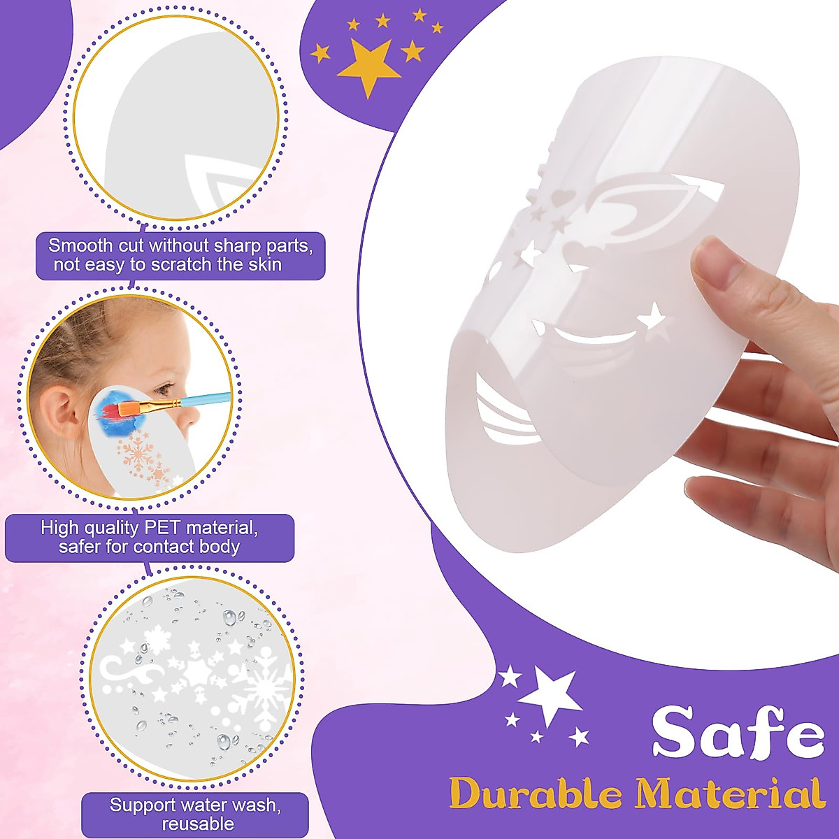 34+28Pcs Face Paint Stencils Kit, Suboyica 34 Pcs Plastic Facial Painting Stencils Reusable Body Paint Templates for Party Halloween Face Makeup Stencils With Brushes, Sponge, Stickers, Diamond