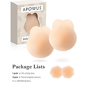 APOWUS Lift Ultra-Thin Sticky Bra,Adhesive Bras Push Up Invisible, Backless Strapless Bra Pasties Nipple Covers (L/XL Fit D/D+ Warm Crème)