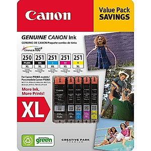 Canon PGI-250XL, CLI-251XL C/M/Y/K Ink Cartridges Value Pack (5 Cartridges)