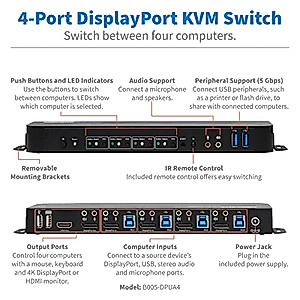 Tripp Lite 4 Port DisplayPort USB KVM Switch, Quad Port DP USB KVM Switch, 4K 60 Hz, HDR, HDCP 2.2, DP 1.4, USB 3.0 Cables, Black (B005-DPUA4)