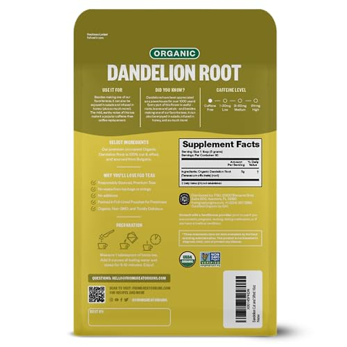 FGO Organic Dandelion Root Loose Tea, Resealable Kraft Bag, 16oz, Packaging May Vary (Pack of 1)