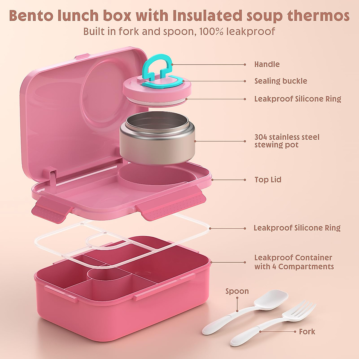 DaCool Lunch Box Kids Bento Box 7.5 Cups with 4-Compartment Leakproof BPA Free Toddler Girls Lunch Containers with Fork Spoon for Meal Snack On-the-Go School Picnic, Microwave Dishwasher Safe, Pink