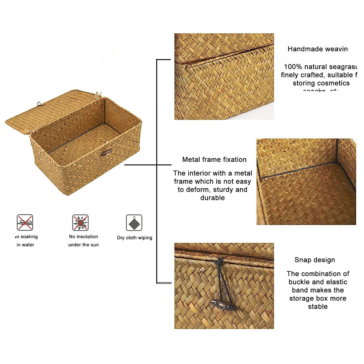 Shelf Baskets Rattan Storage Basket with Lid Handwoven Seagrass Basket Multipurpose Organizer for Snack Toys Rectangular Household Basket for Shelf Wardrobe 23x13x8cm