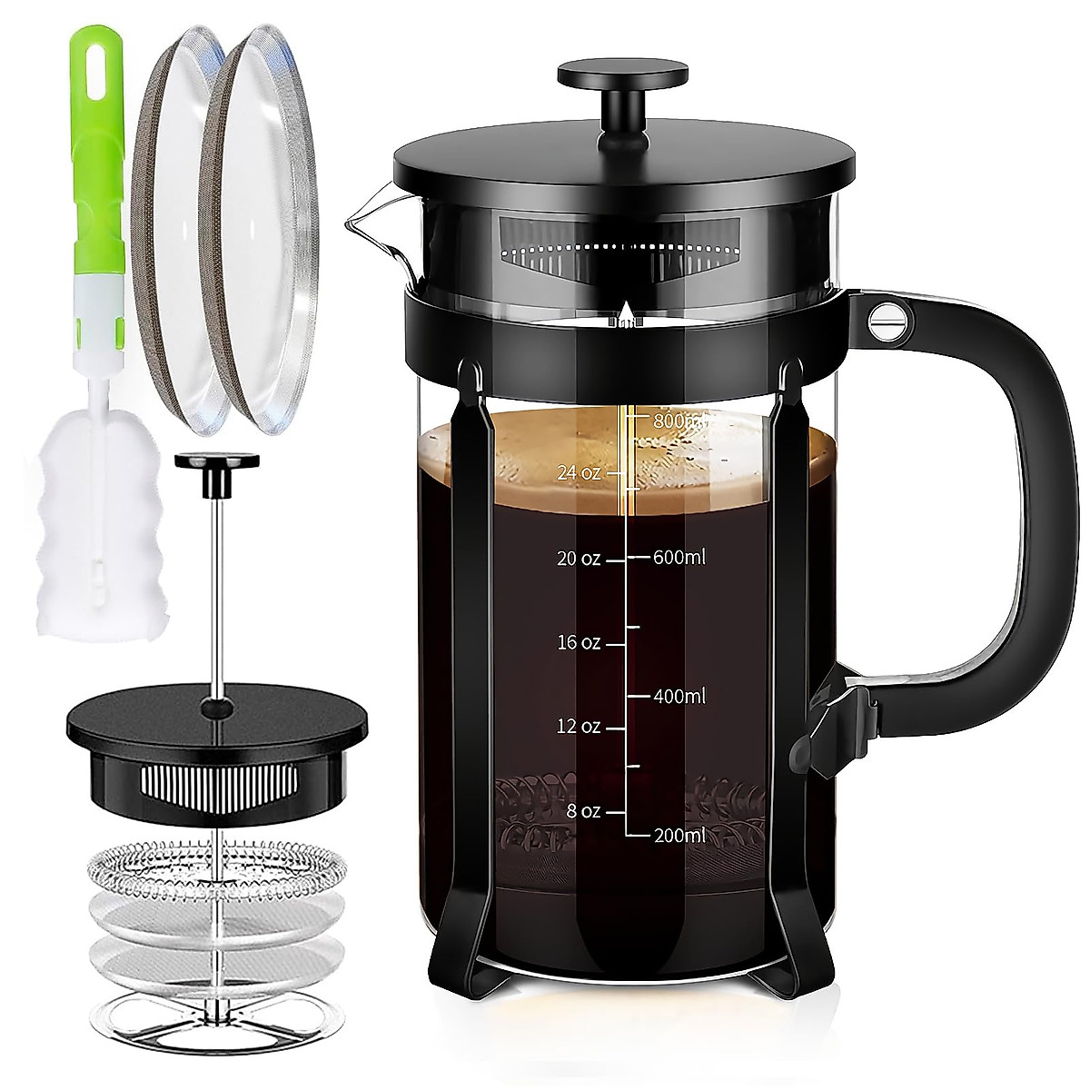 YMMIND French Press Coffee Maker 34oz 304 Stainless Steel Coffee Press,with 4 Filters System, Heat Resistant Thickness Borosilicate French Press Glass, BPA-Free Brewed Tea Pot Coffee Plunger