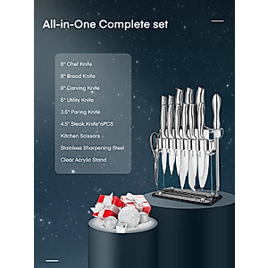 D.Perlla Knife Set, 14 Pieces Kitchen Knife Set with Clear Acrylic Knife Holder, Stainless Steel Super Sharp Chef Knife with Hollow Handle in One Piece Design