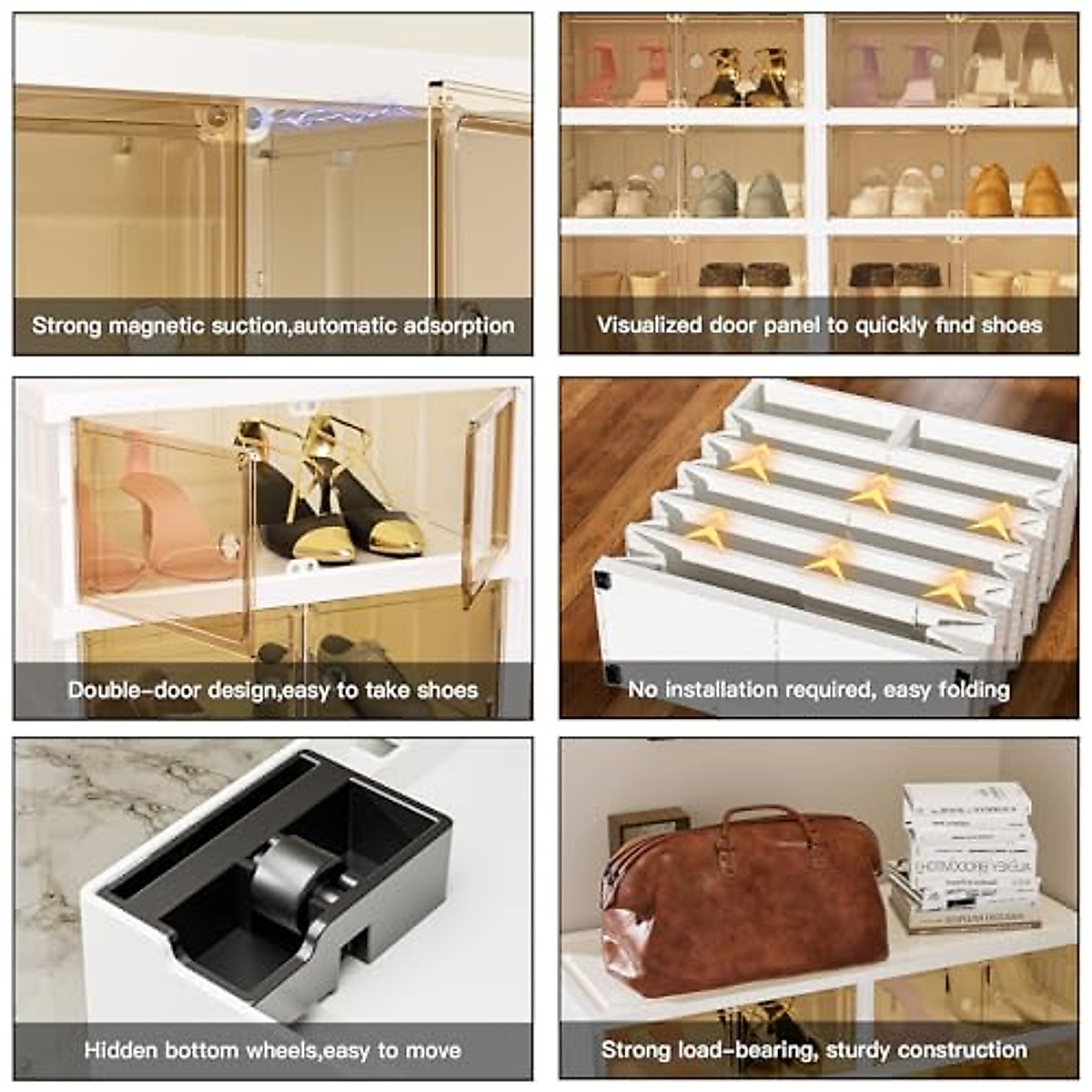 YIFOR 6-Tier Portable Shoe Rack Organizer for Closet, 24 Pairs Shoe Container Bins, Clear Plastic Collapsible Shoes Storage Box, Stackable Sneaker Storage Shoe Cabinet with Door