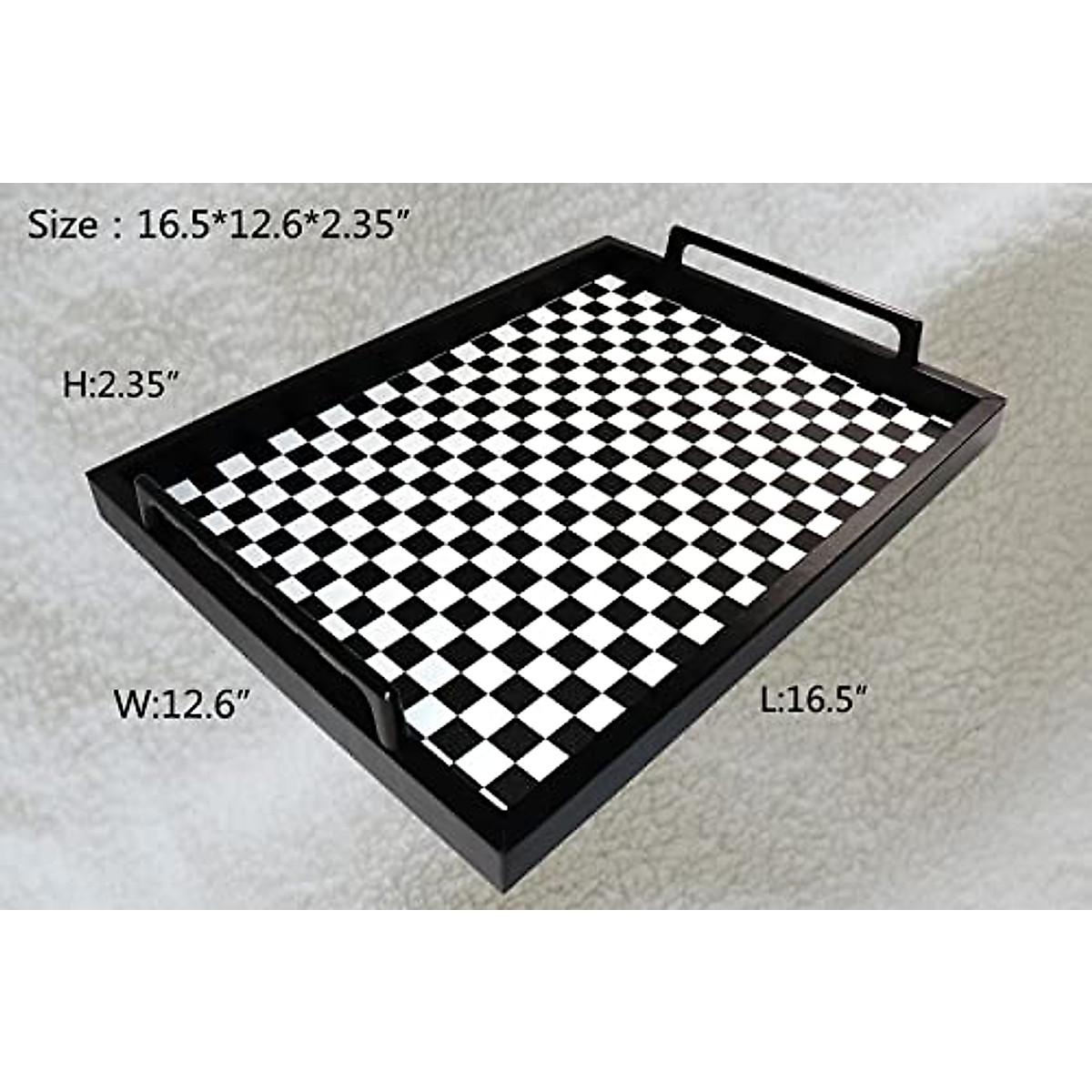 MCBZ Living Room Bedroom Decorative Tray, Coffee Table Kitchen Serving Tray, PU Leather Tray with Metal Handle 16.5 x 12.6 inches (Black and White Grid)