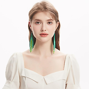 Luluping Long Beaded Dangle Earrings – Boho Native Handmade Seed Bead Tassel Earrings for Women, Bohemian Large Statement Beaded Drop Fringe Earrings (Green Beaded Earrings B)