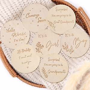 Wooden Pregnancy Announcement cards for Husband, Dad, Grandparent, Hospital- It's a Girl, It's a Boy & Hello World Newborn Signs Set of 7.