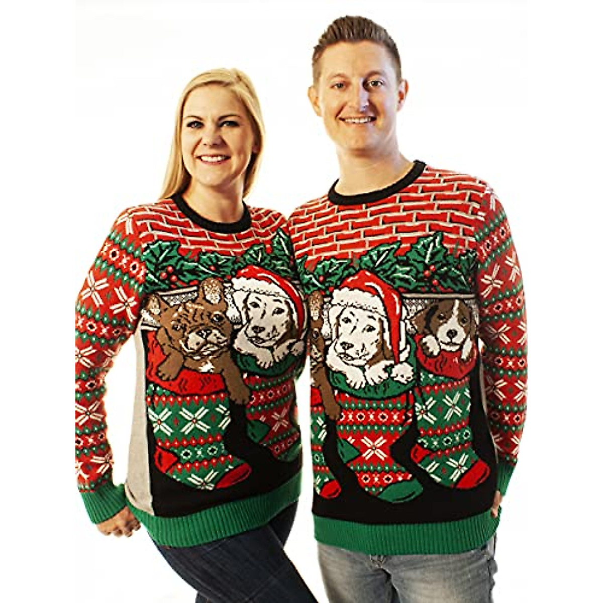 Ugly Christmas Party Sweater Men's- Unisex Dogs/Puppies Stocking Stuffers-Large Puppies in Stocking Red