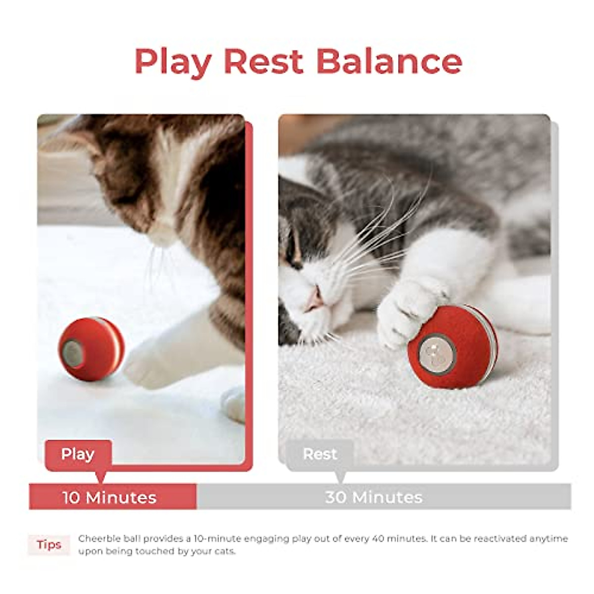 Cheerble Smart Interactive Cat Toy, Automatic Moving Bouncing Rolling Ball for Indoor Cat Kitten, Peppy Pet Ball with Lights and Bell, Red