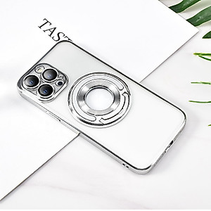 Tcaraersing Magnetic Invisible Stand Case for iPhone 13 Pro Max, Compatible with MagSafe, Built-in Camera Lens Protector, Luxury Plating Clear Shockproof Slim Thin Cover iPhone 13 Pro Max 6.7''-Silver