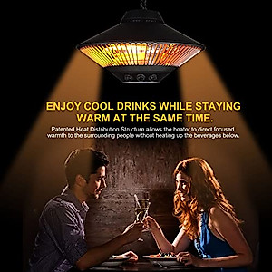 Festa Essential IP55 1500W Electric Hanging Patio Heater for Outdoors w/Infrared Carbon Tubes, LED Light, Tilt Switch and Pole Mounting Hole - Black