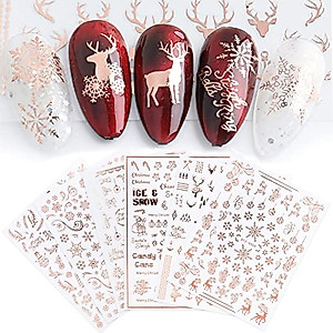 JMEOWIO 9 Sheets Christmas Nail Art Stickers Decals Self-Adhesive Pegatinas Uñas Navidad Rose Gold Winter Holiday Xmas Snowflake Nail Supplies Nail Art Design Decoration Accessories