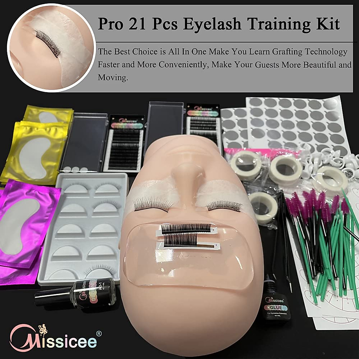 Lash Eyelash Extension Kit, Missicee False Eyelash Grafting Training Tool Kit For Beginners Eyelashes Extensions Practice with Flat Mannequin Head Individual Lashes Tweezers