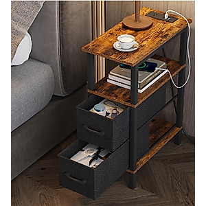VIMBER Narrow Side Table for Small Spaces, Skinny End Table with Charging Station, Sofa Beside Table with 2 Drawers 1 Open Compartment, Slim Nightstand with USB Ports Outlet, Rustic and Brown UTBT004F