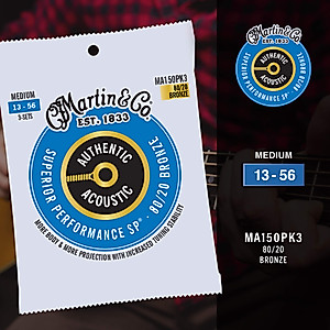 Martin Authentic Acoustic Guitar Strings, Superior Performance Medium 13-56, 80/20 Bronze, 3 Pack