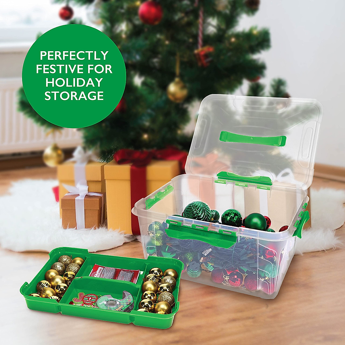 Home+Solutions 3 Piece Container Set - Large Green Plastic Containers, Holiday Storage, 15.35”x11.42”x7” Each