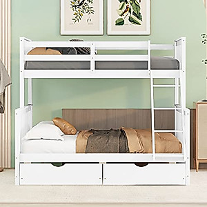 BIADNBZ Twin Over Full Bunk Bed with Two Drawers, Convertible Bunkbeds, Solid Wood Bedframe Furniture with Storage and Ladder, for Kids Teens Adults Bedroom, White