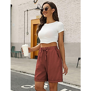 Yeokou Womens Casual Loose Elastic Drawstring Summer Beach Bermuda Pocketed Shorts(Red-XL)