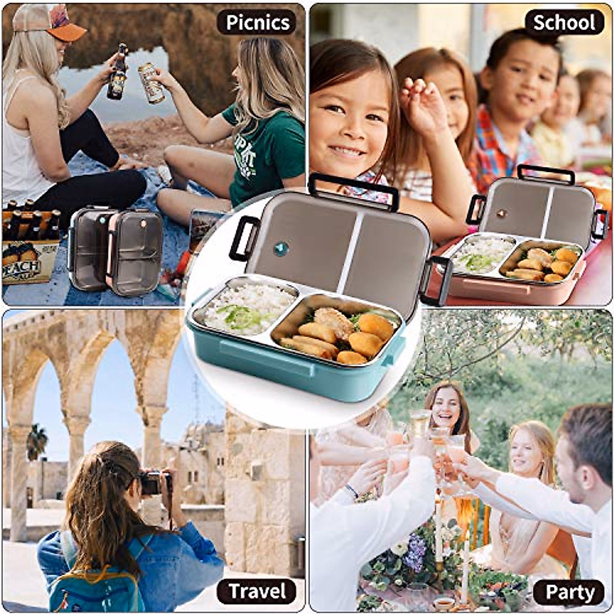 WORTHBUY Stainless Steel Lunch Container, 2 Section Design, Keep Foods Separated, Metal Bento Box with Insulated Lunch Bag Portable Utensil, Kids/Women/Adults, BPA-Free(2nd Generation,Blue)