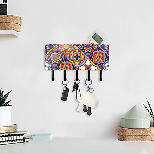 MCHIVER Mexican Talavera Ceramic Tile Pattern Key Holder for Wall Decorative Mail Organizer Holders Wall Mounted Key Hangers with 5 Hooks Mounting Hardware Key Rack for Office Entryway Door