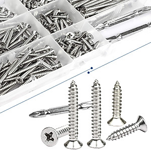 NINDEJIN Flat Head Self Tapping Screws Assortment Kit, 304 Stainless Steel Wood Screws, M3.5 Phillips Drive Self Tapping Screws, 240 pcs Self-Tapping Screws Set with 2 pcs Phillips Screw Bit (12-40mm)