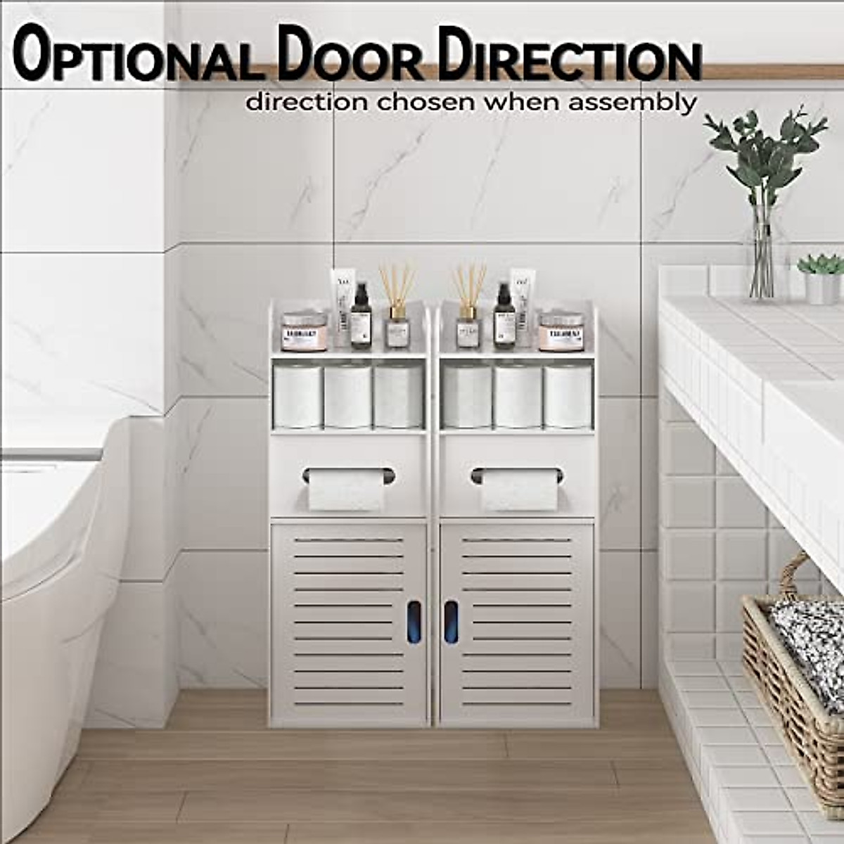 Wider Small TP Toilet Paper Storage Cabinet, Slim Bathroom Corner Storage Cabinet with Door and Tissue Dispenser, Waterproof and Durable, Freestanding, (White, Wider with Removable TP Roller)