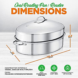 NutriChef Oval Roasting Pan, Roaster with Polished Rack, Wide Handle and Stainless Steel Lid, Turkey Chicken Roasting Pan Great for Dinners, Tender Roast, Deep Dishes, and More