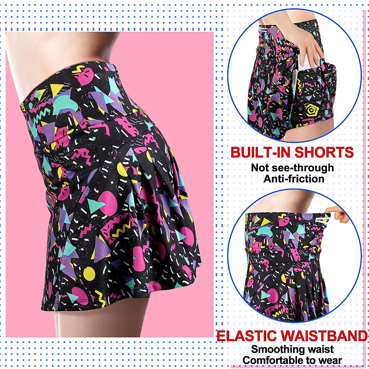 Retro 80s 90s Skirt for Women Tennis Skirt Golf Skirt High Waisted Athletic Skirts with Pockets for Retro Summer Party (Fresh Color,Large)