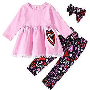 Ritatte Toddler Girls Valentine's Day Outfits Solid Color Ruffle Tunic Tops Love Heart Pants Headband 3Pcs Fall Winter Clothes(Pink, 3T)