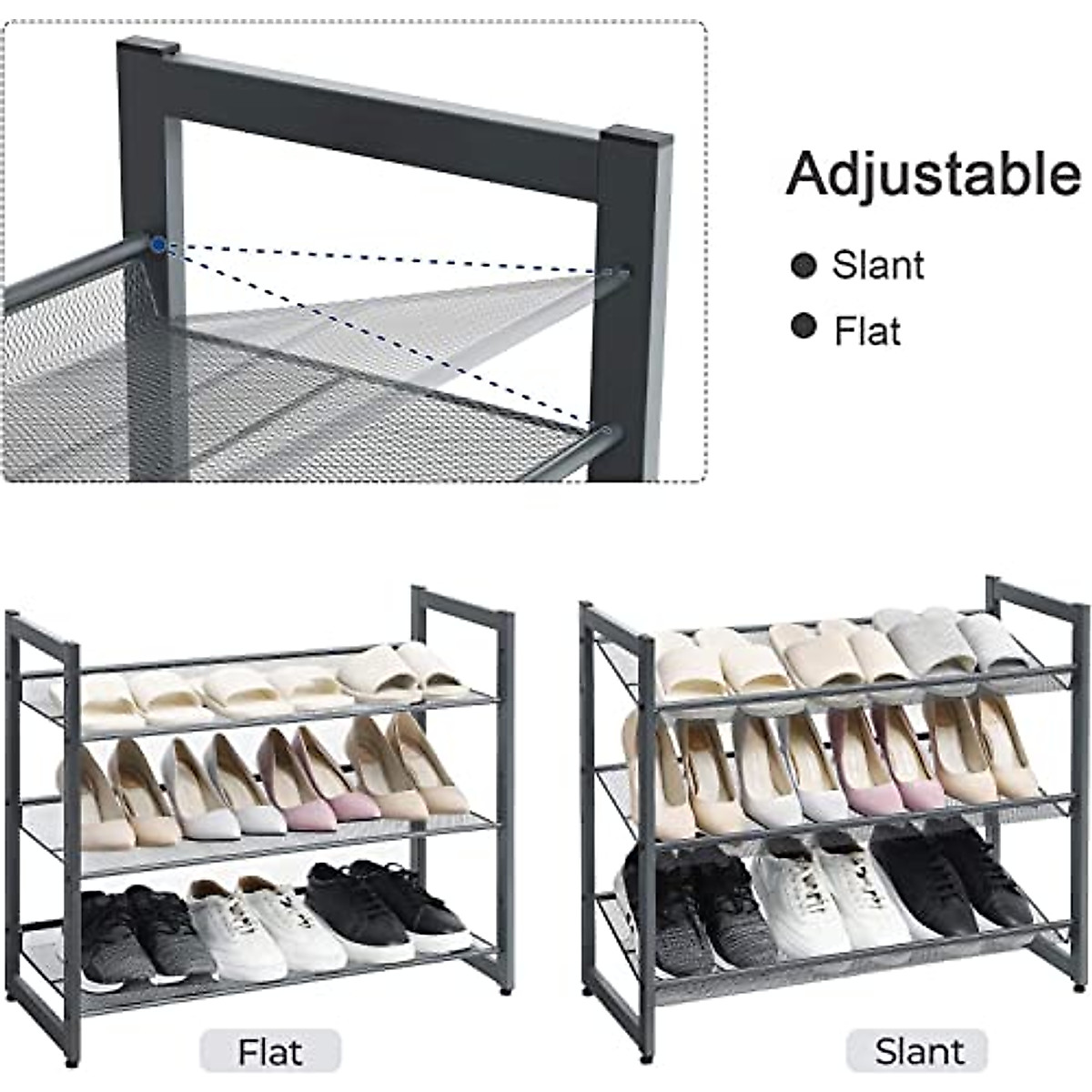 SONGMICS Shoe Rack for Closet, 3-Tier Shoe Storage, Metal Shoe Organizer for Garage Entryway, Stackable Shoe Stand with Adjustable Flat or Angled Shelves, Holds 9-12 Pairs, Cool Gray ULMR03GB