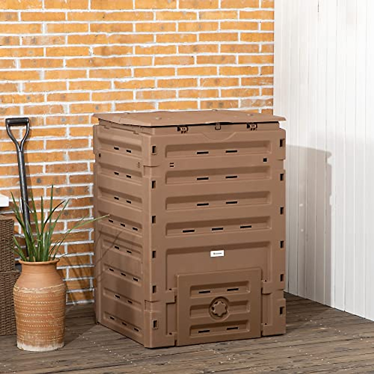 Outsunny Garden Compost Bin, 120 Gallon (450L) Garden Composter, BPA Free, with 80 Vents and 2 Sliding Doors, Lightweight & Sturdy, Fast Creation of Fertile Soil, Brown